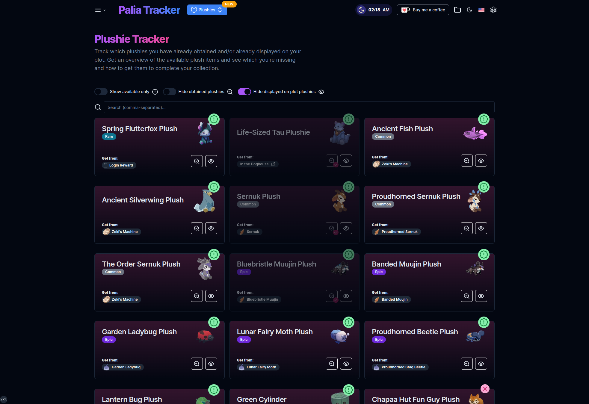 Plushie Tracker - Palia Tracker - Palia Tracker