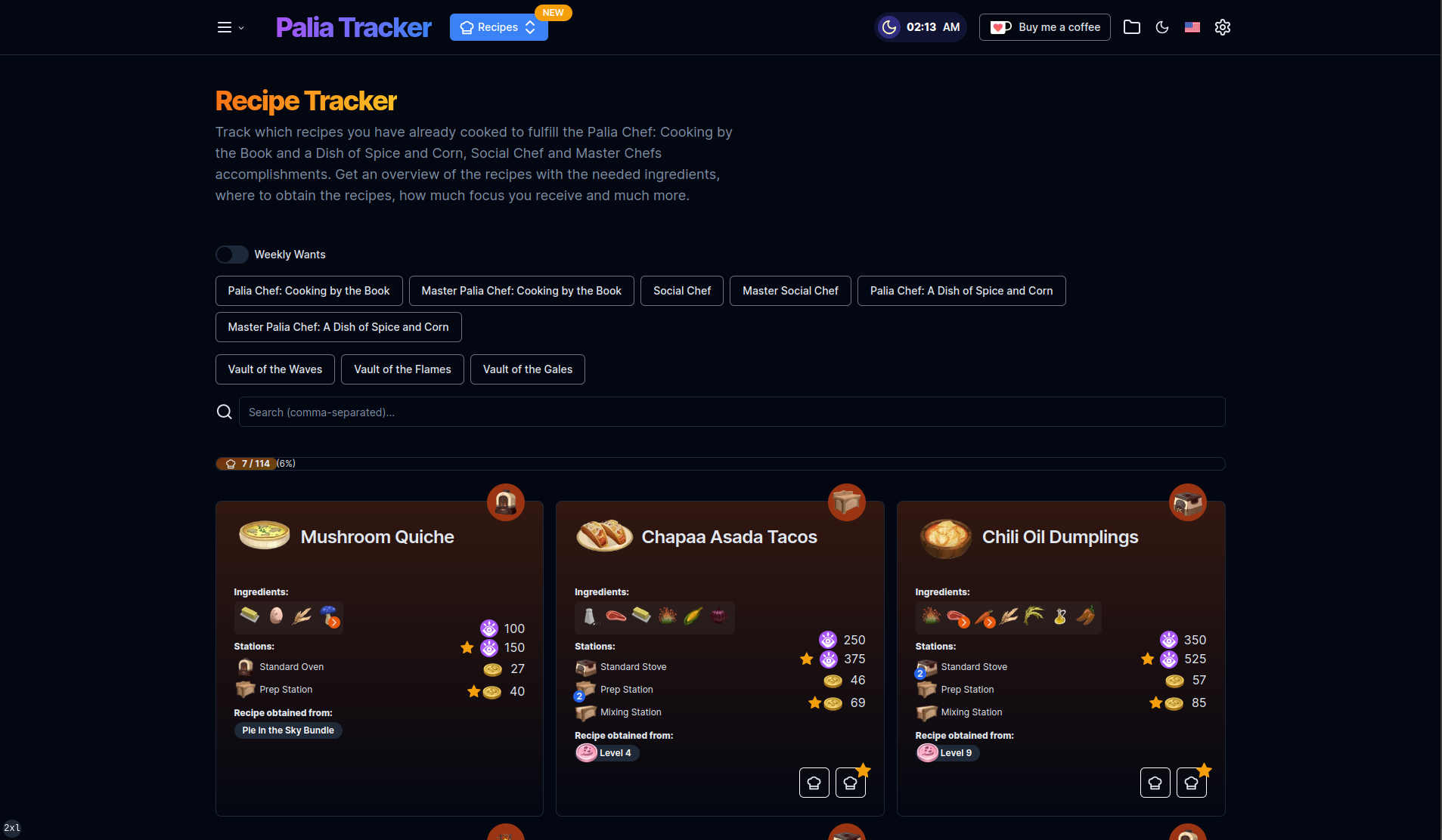Recipe Tracker - Palia Tracker - Palia Tracker